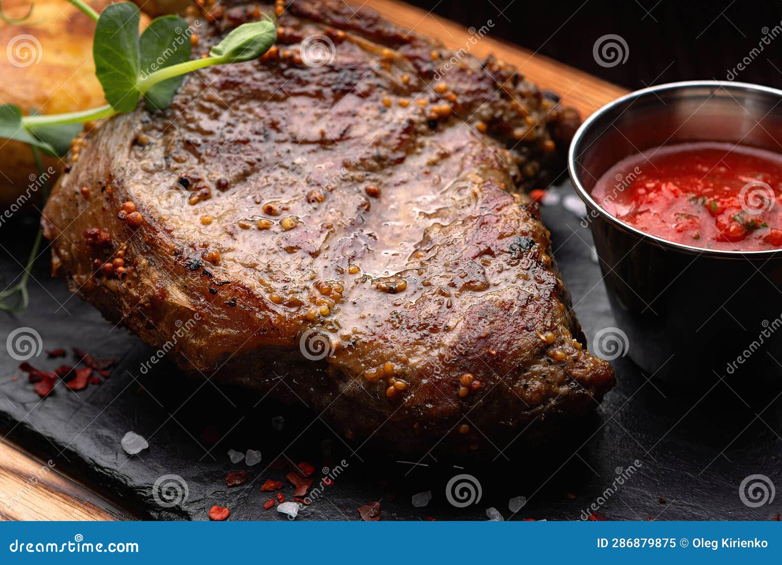 Fried Meat Steak on Slate on a Black Background Stock Image - Image of ...