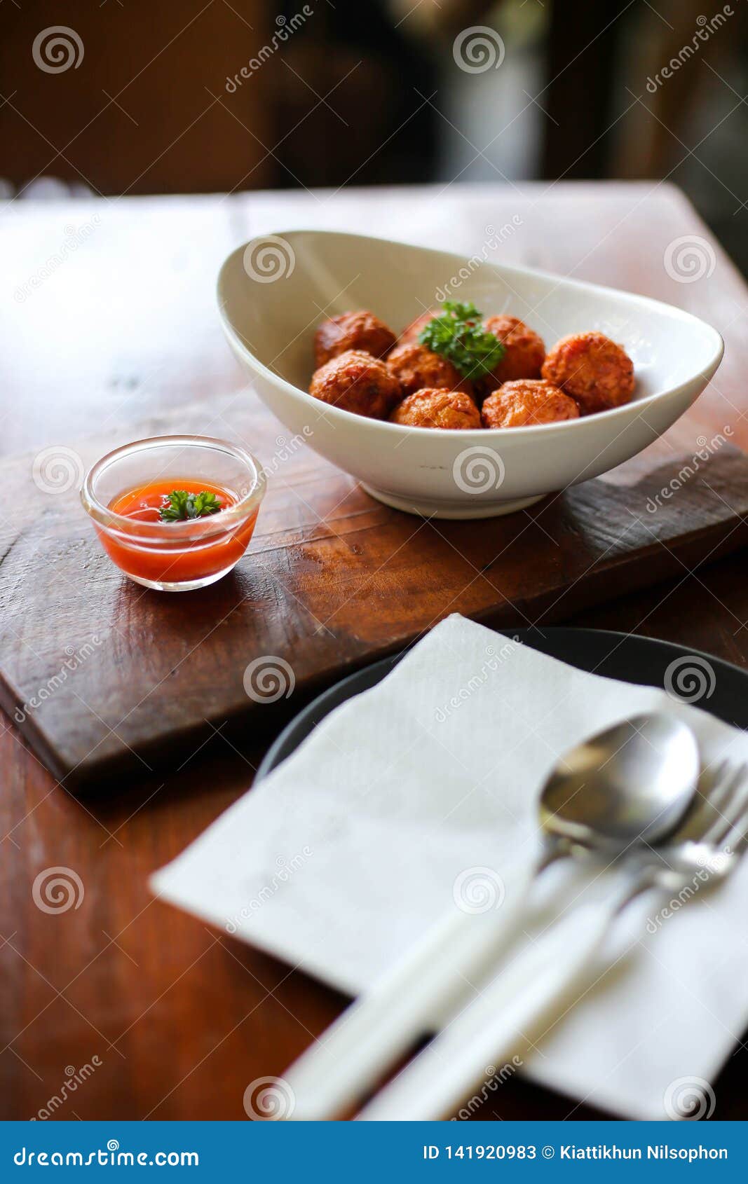 Fried Meetball with Red Sauce on the Table in Restaurant Stock Image ...