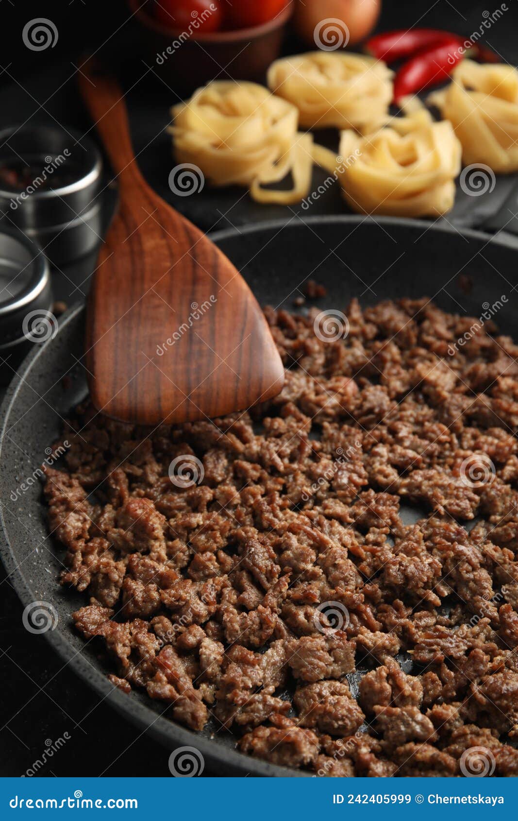 Fried Minced Meat on Black Table, Closeup Stock Image - Image of ...