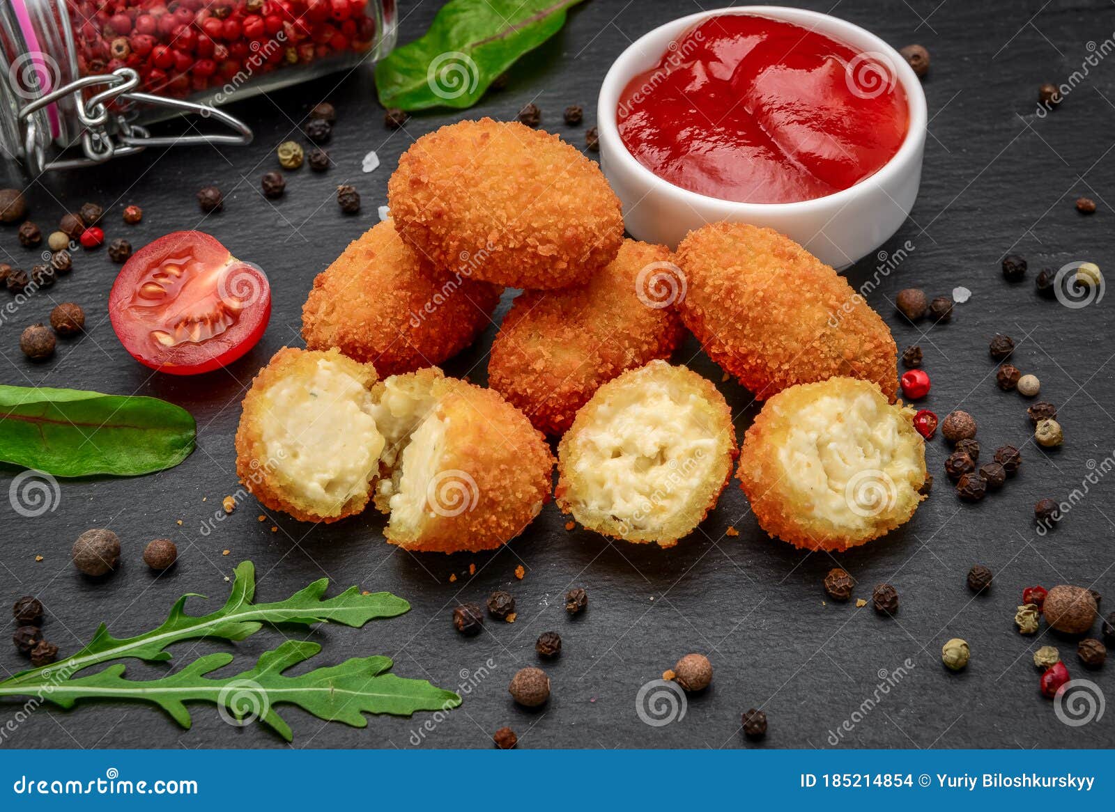 Fried Mozzarella, Cheddar Cheese Bites, Balls with Ketchup Stock Photo ... Fried Mozzarella, Cheddar Cheese Bites, Balls with Ketchup Stock Photo ...