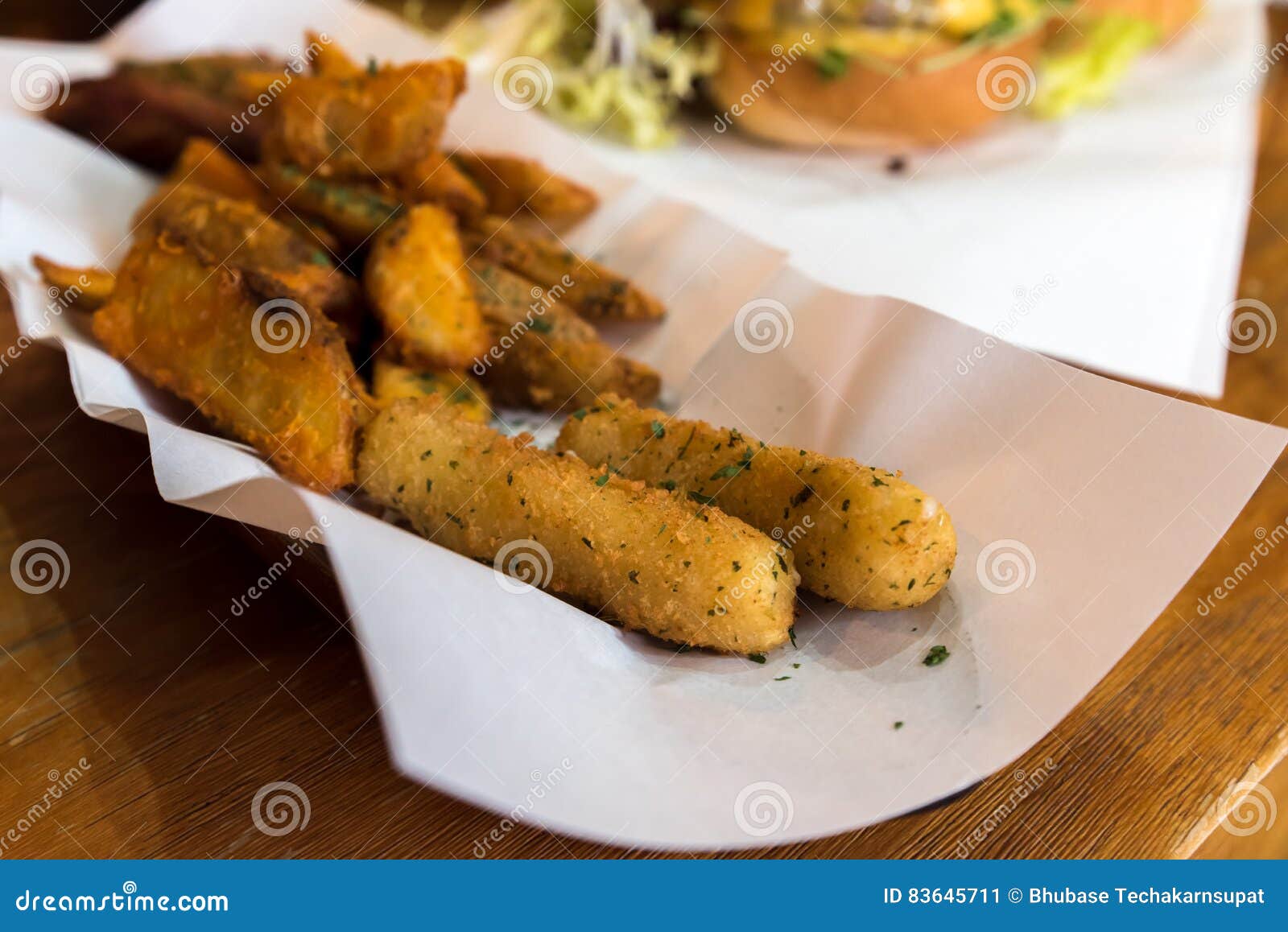 Fried Mozzarella Cheese Stick with Potato Wedges Stock Image - Image of ...
