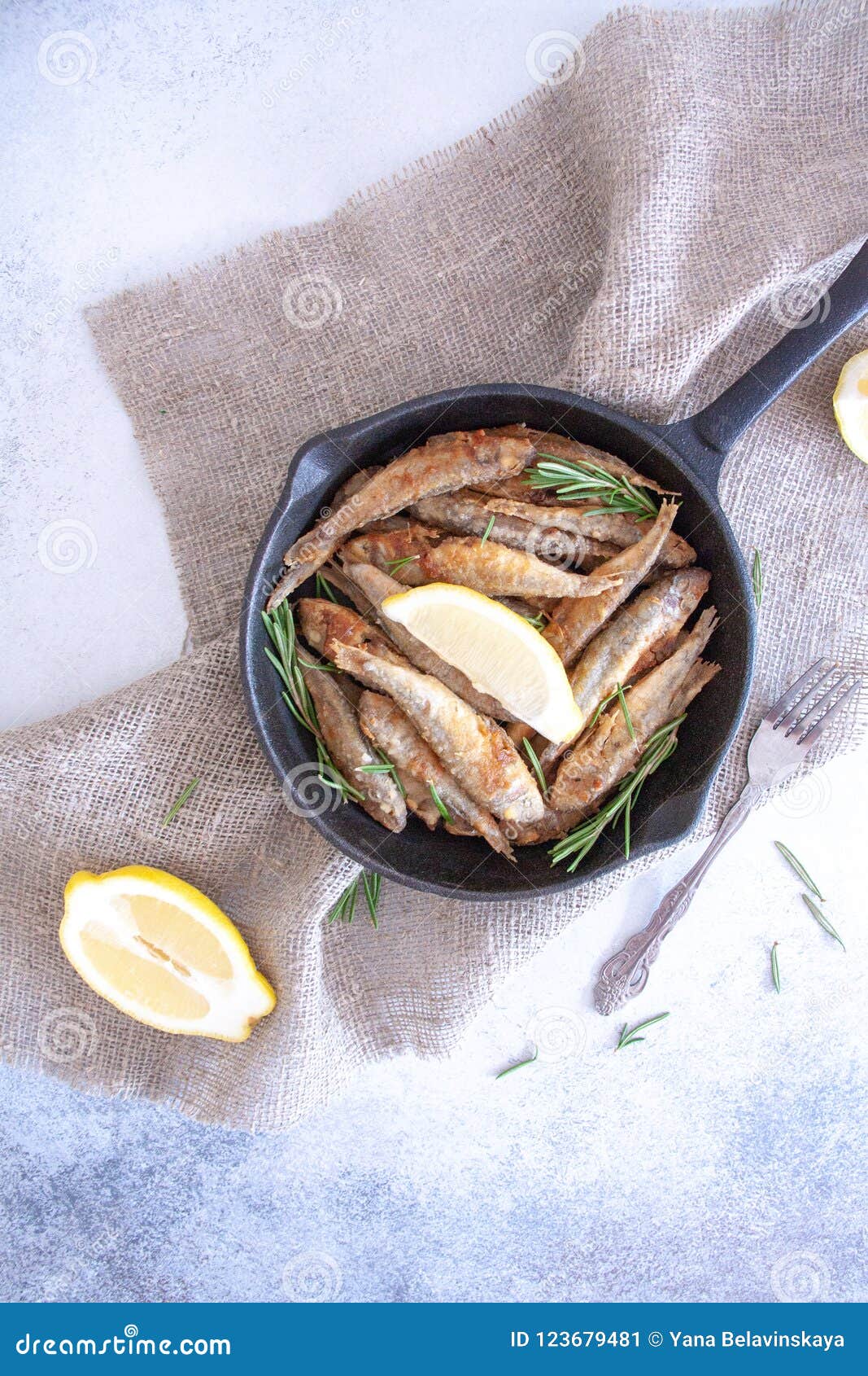 Fried Mullet with Rosemary and Lemon in a Pan Stock Image - Image of ...