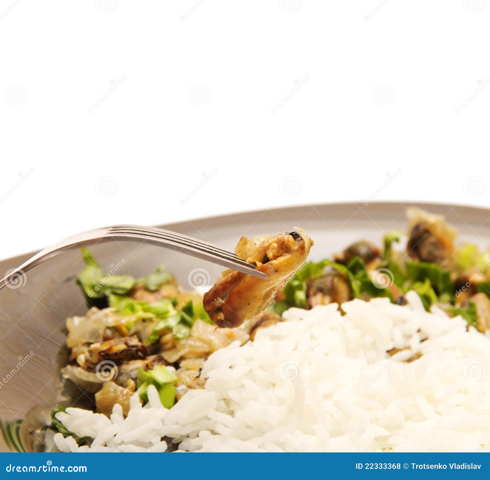 Fried Mussels with Rice on the Black Plate Stock Photo - Image of lunch ...