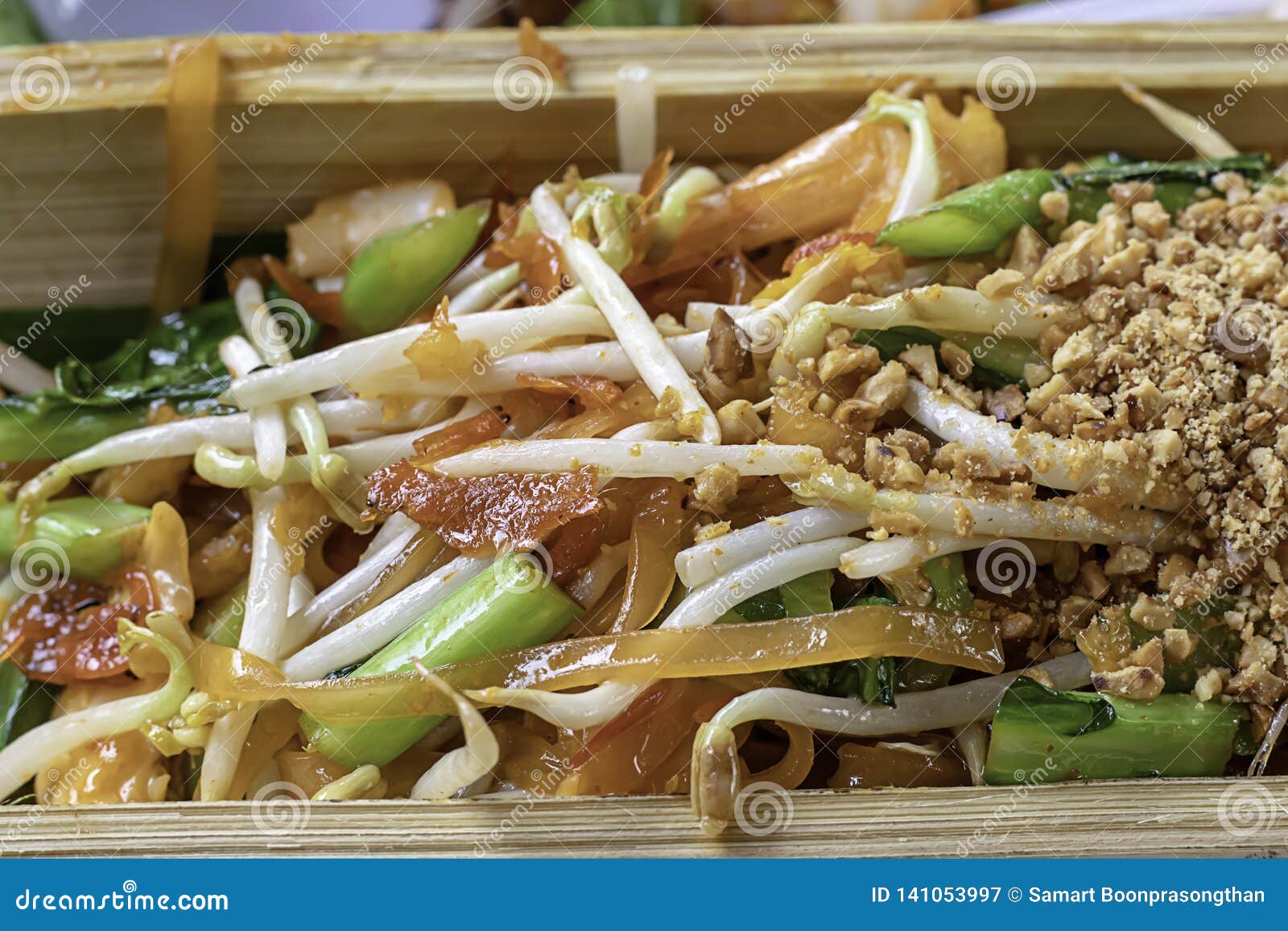 Fried Noodle with Spring Onion and Bean Sprouts in Bamboo Stock Image ...