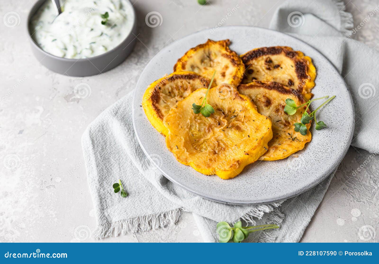 Fried Patisson or Yellow Zucchini with Sauce and Micro Greens, Grey ...