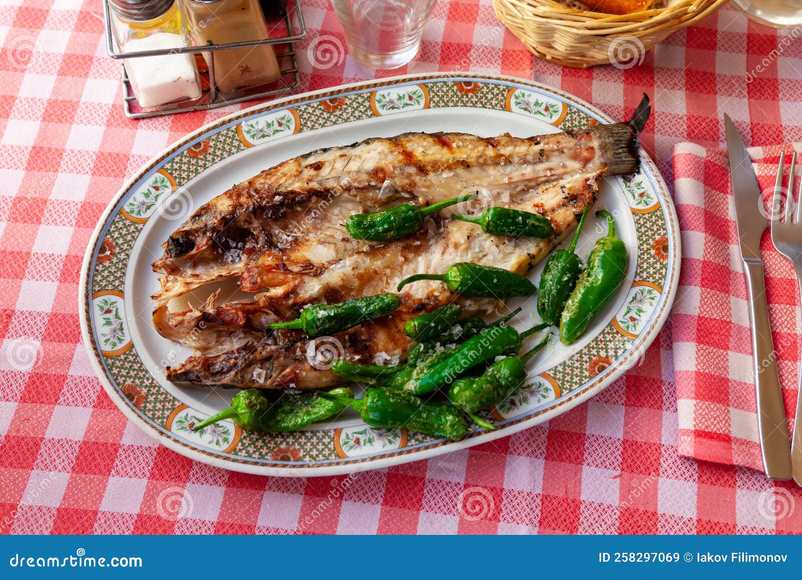 Fried Perch with Padron Peppers Stock Image - Image of seafood, fish ...