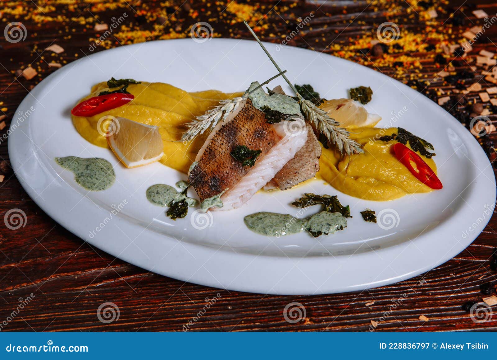 Fried Pike with a Side Dish of Pumpkin Puree Stock Image - Image of ...