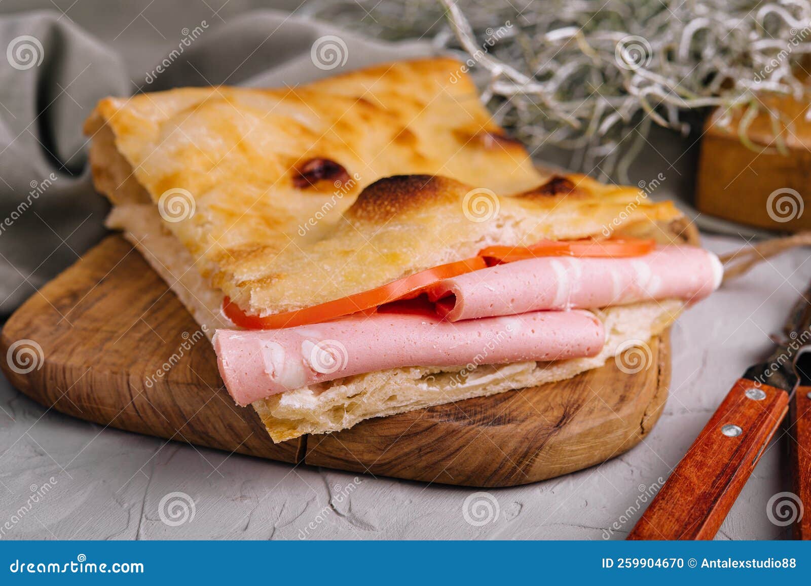 Fried pita bread with ham stock photo. Image of fries - 259904670