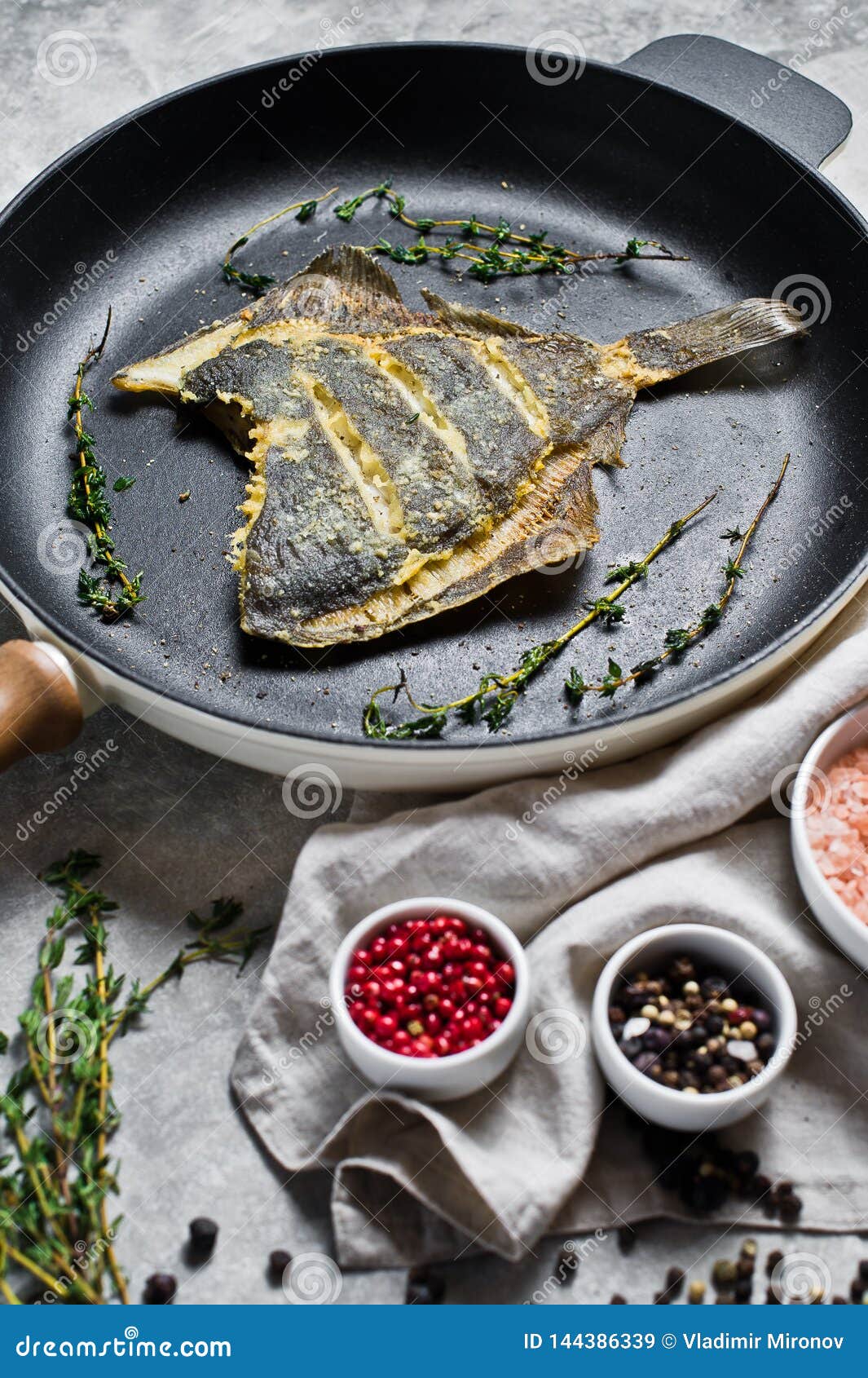 Fried Plaice in a Pan. Gray Background, Top View. Stock Image - Image ...