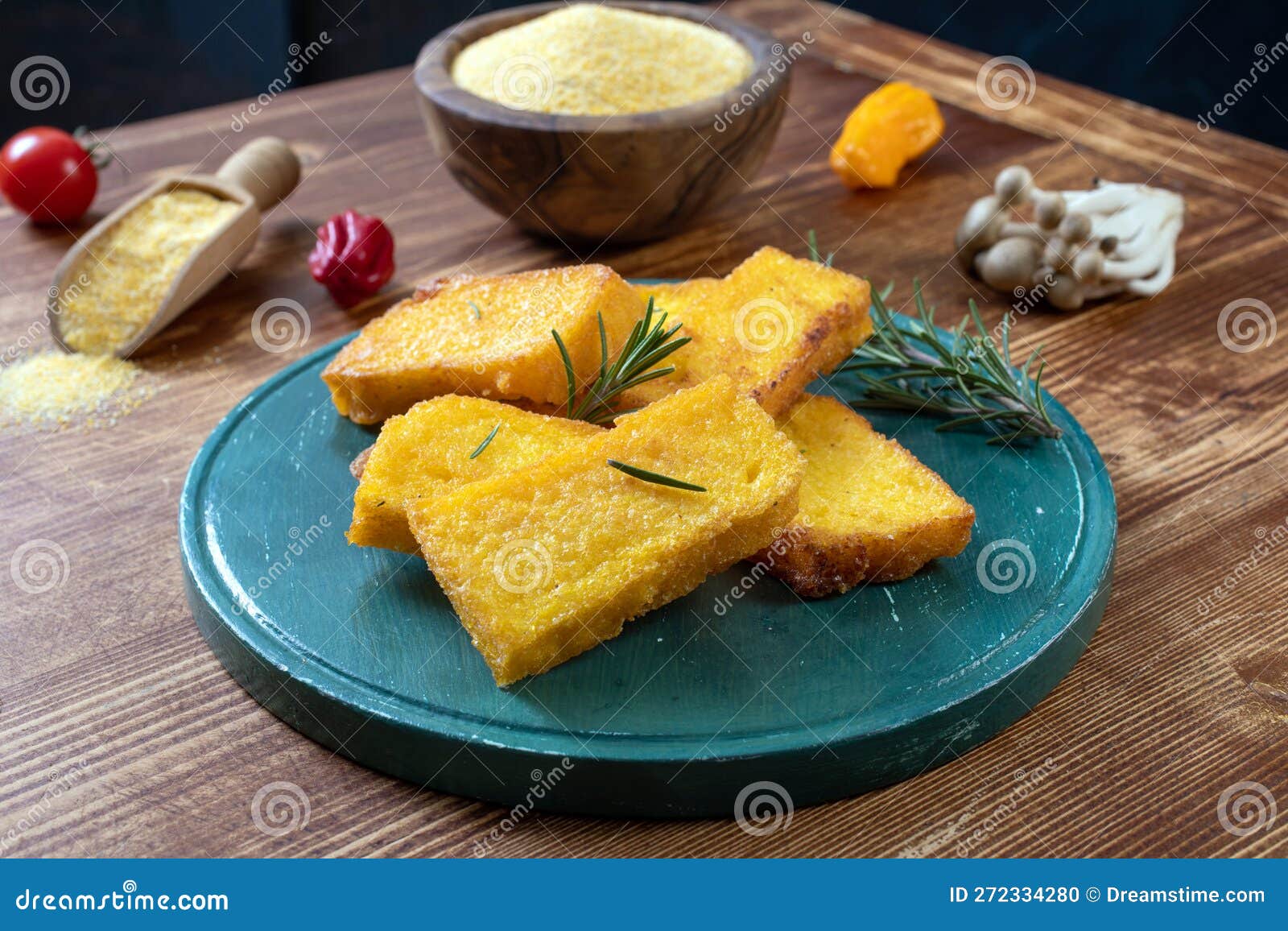 Fried Polenta Cornmeal on Chopping Board Stock Photo - Image of fish ...