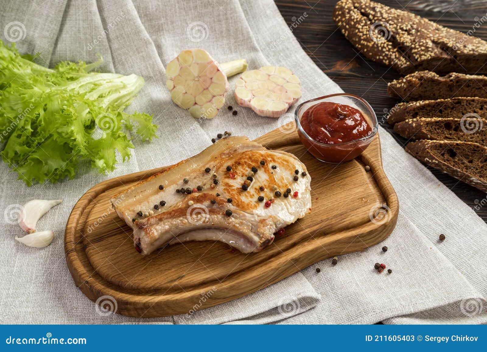 Fried Pork Entrecote on a Board for Serving Stock Image - Image of rump ...