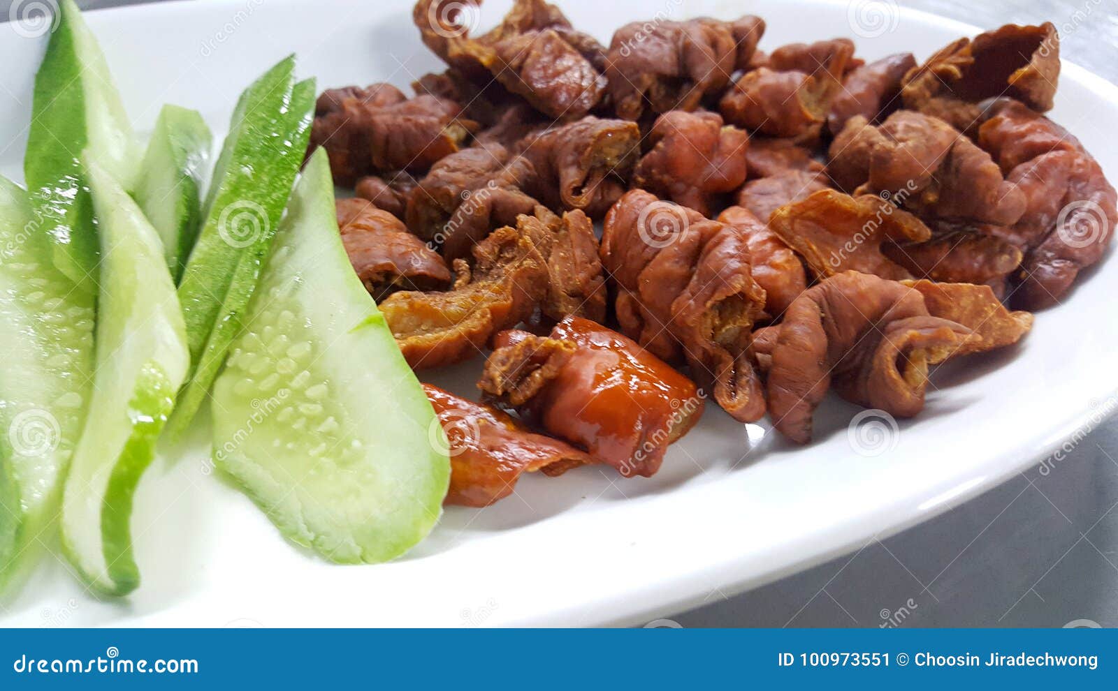 Fried Pork Intestines Serve Withvegetable Stock Image - Image of white ...