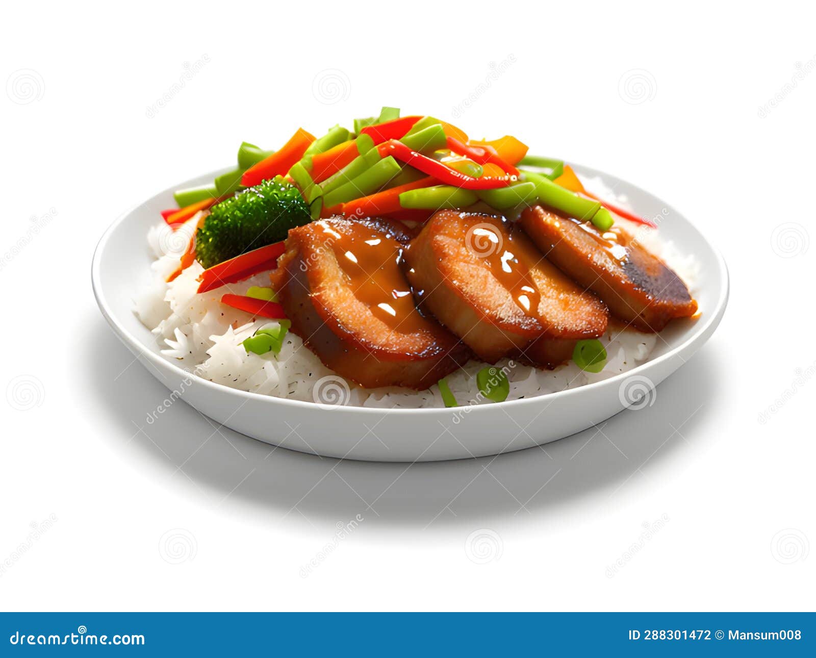 Fried Pork and Rice on White Dish, Ai Generated Stock Illustration ...