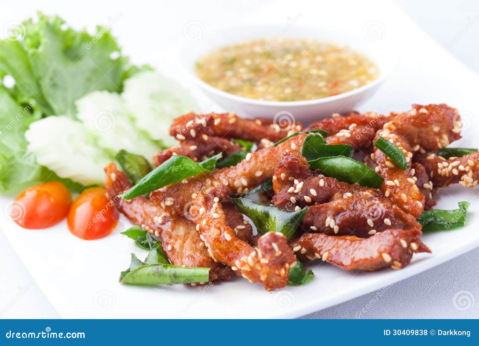 Fried Pork Topping with White Sesame Stock Photo - Image of plate ...
