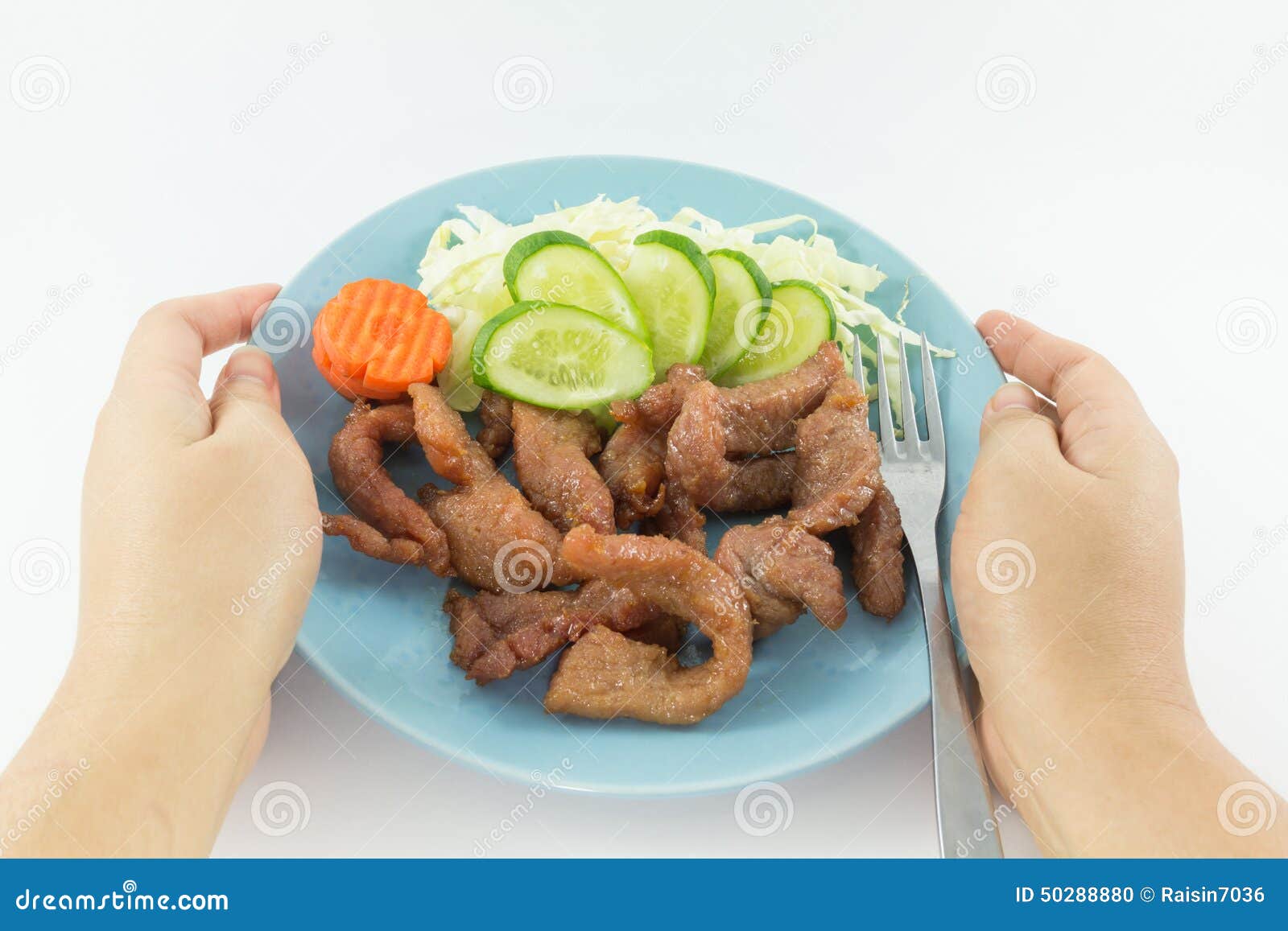 Fried Pork with Vegetable in Hand. Stock Photo - Image of fresh ...