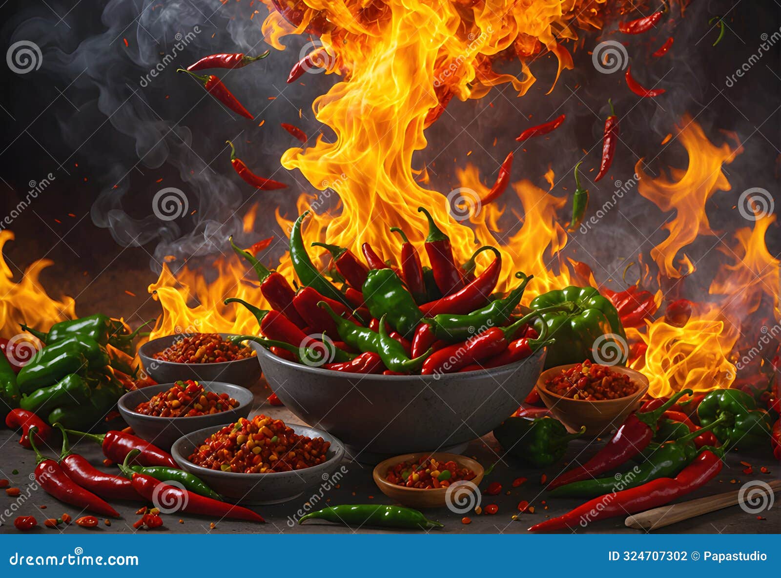 Fried Red Chilli on Black Background and Fire Stock Photo - Image of ...