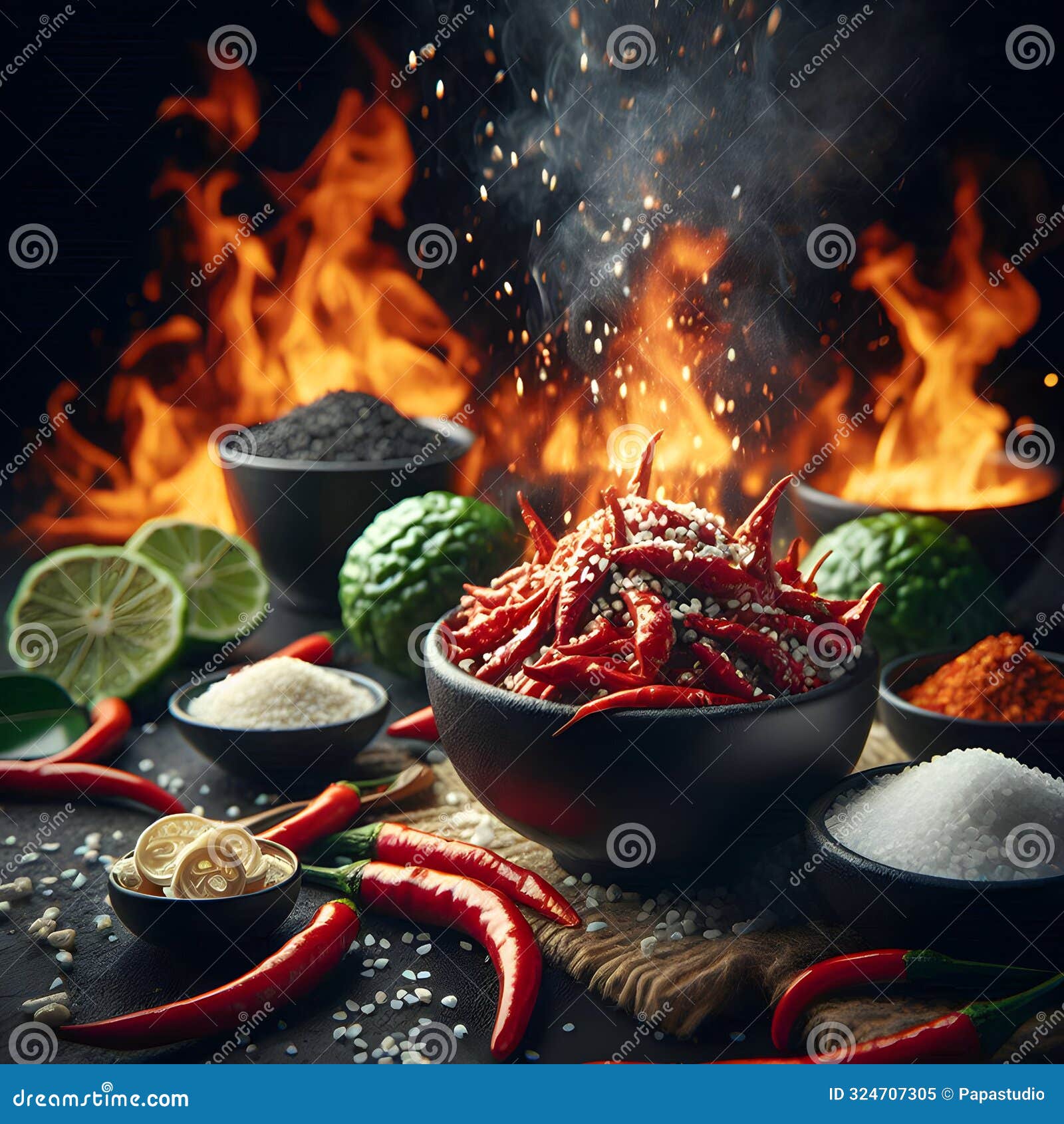 Fried Red Chilli on Black Background and Fire Stock Image - Image of ...