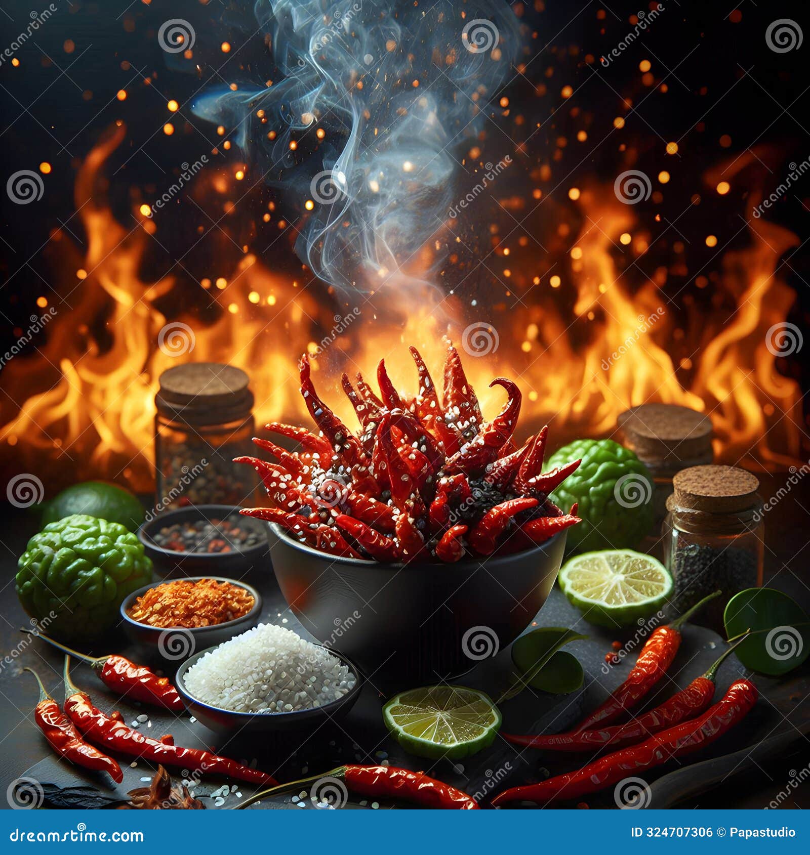 Fried Red Chilli on Black Background and Fire Stock Photo - Image of ...