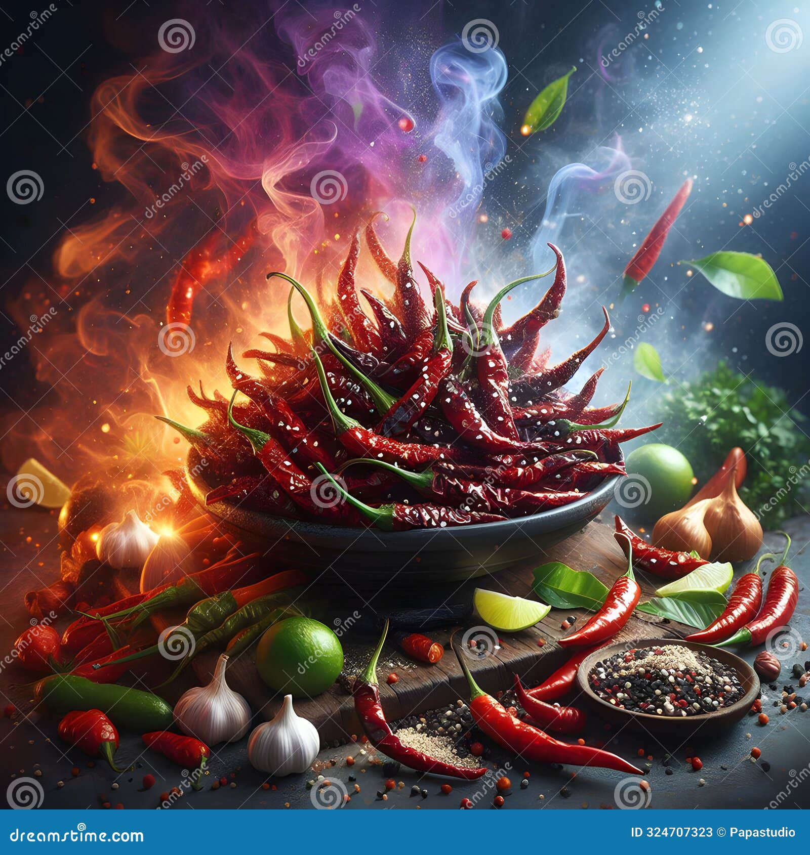 Fried Red Chilli on Black Background and Fire Stock Image - Image of ...