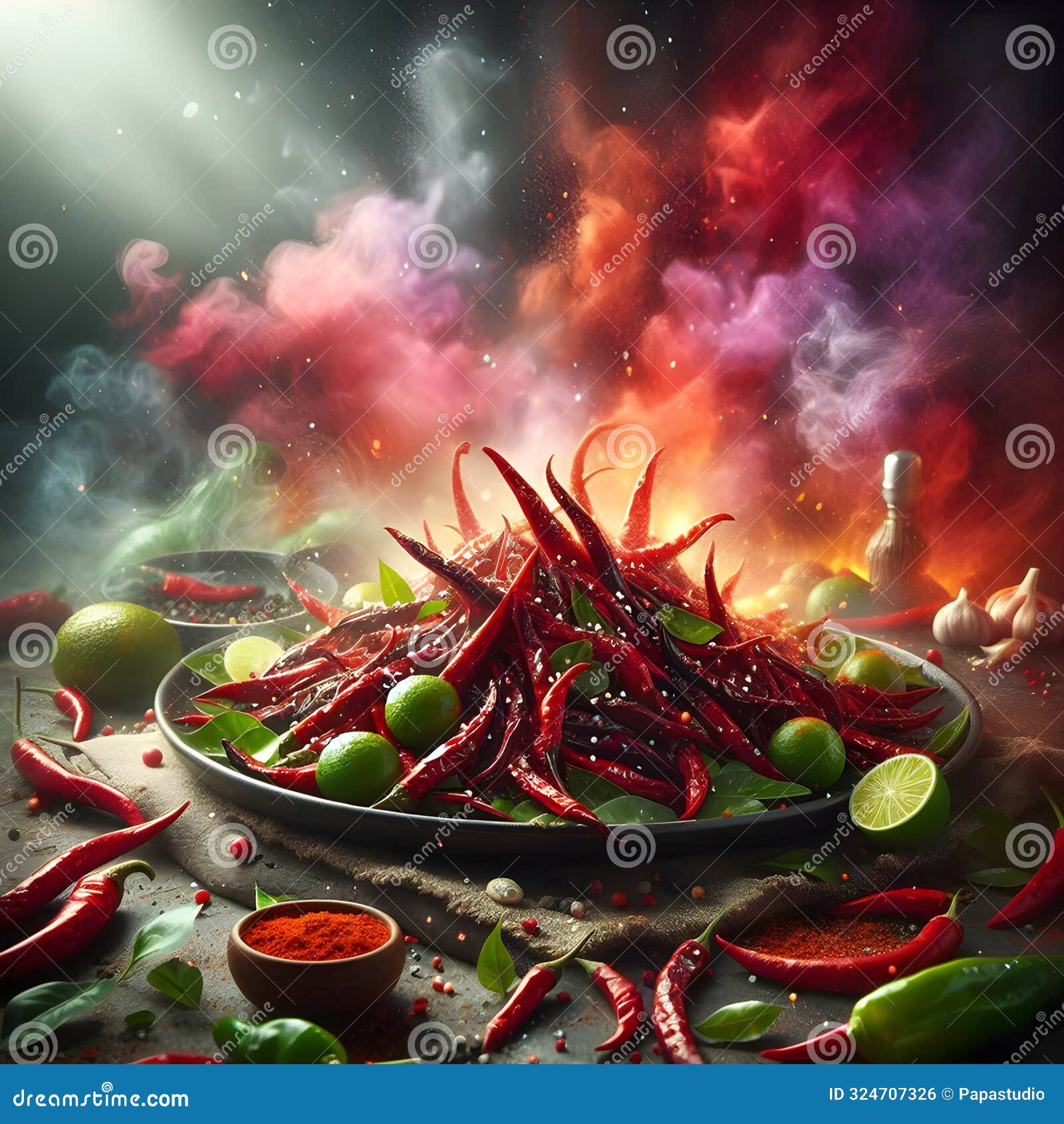 Fried Red Chilli on Black Background and Fire Stock Photo - Image of ...