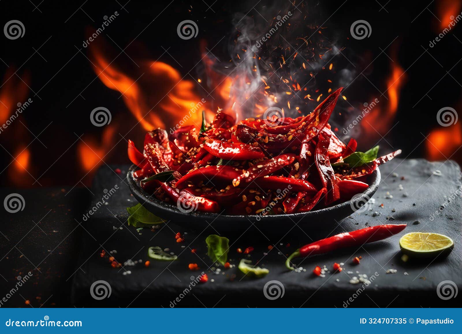 Fried Red Chilli on Black Background and Fire Stock Image - Image of ...