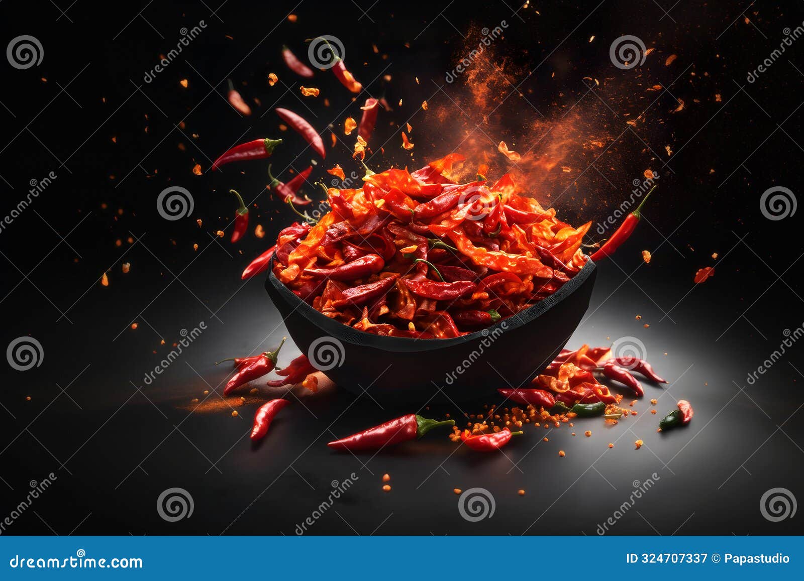 Fried Red Chilli on Black Background and Fire Stock Illustration ...