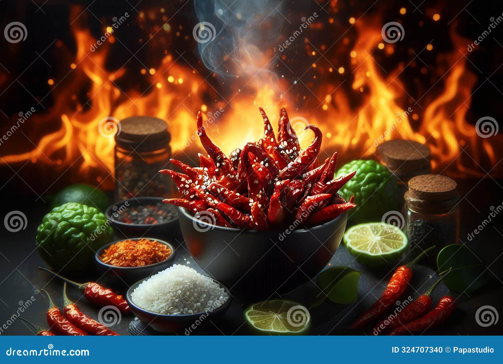 Fried Red Chilli on Black Background and Fire Stock Photo - Image of ...