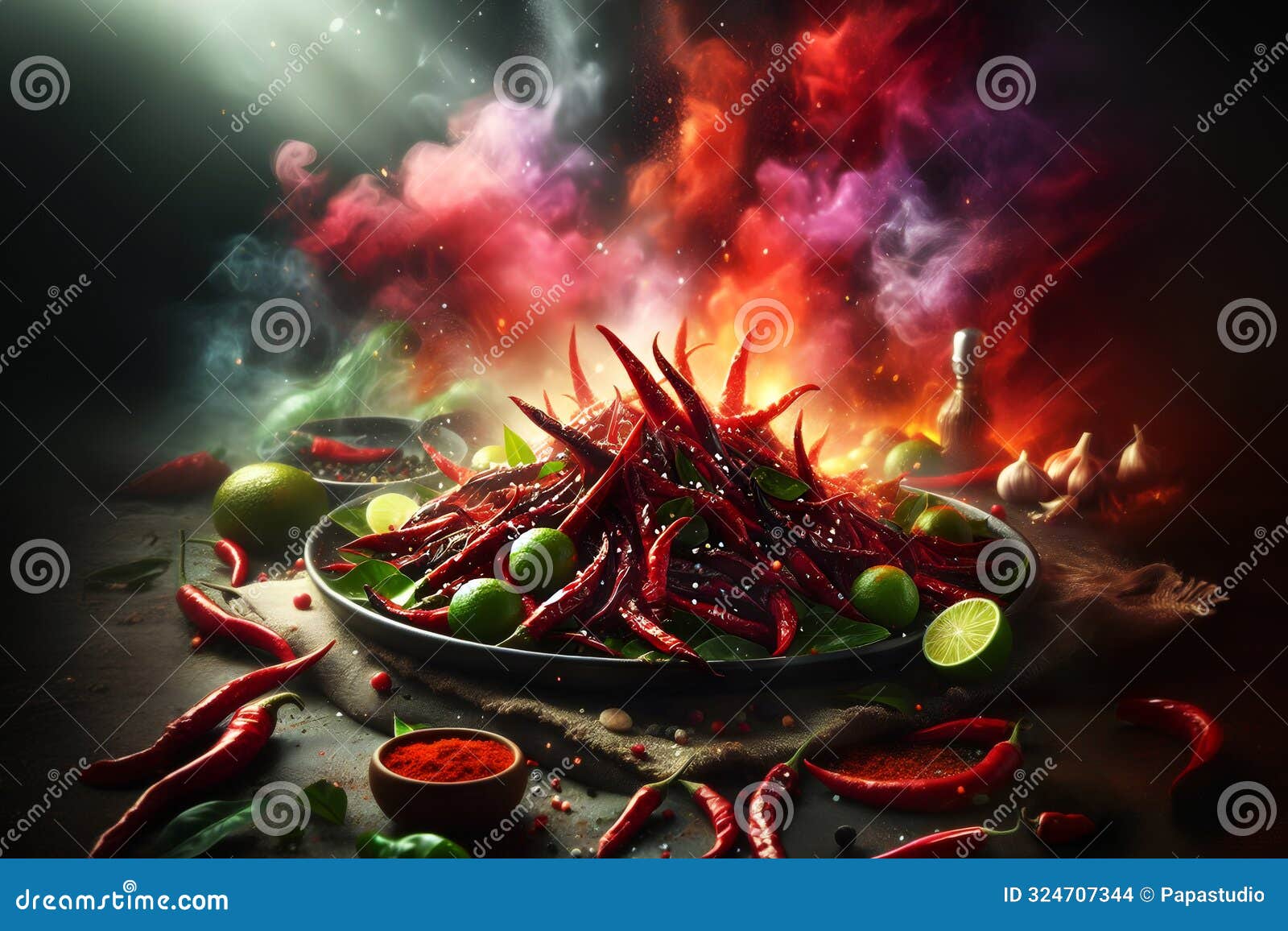 Fried Red Chilli on Black Background and Fire Stock Illustration ...
