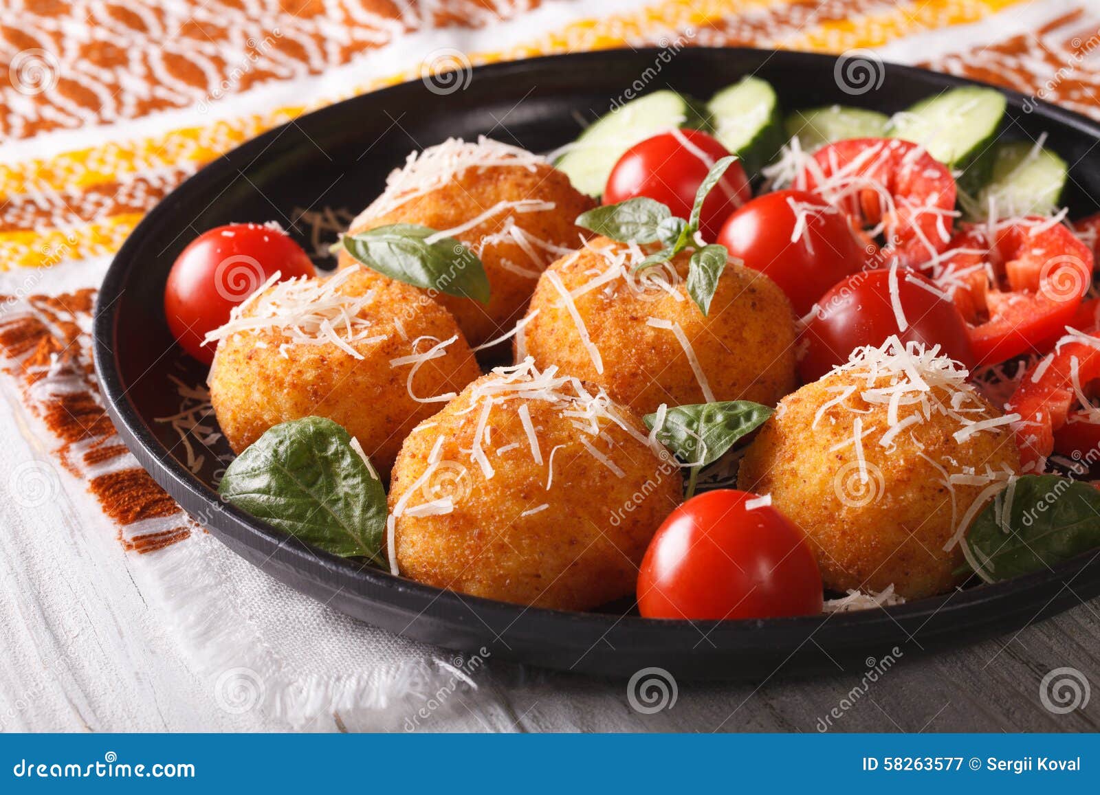 Fried Rice Balls and Fresh Vegetable Salad on a Plate. Horizonta Stock ...