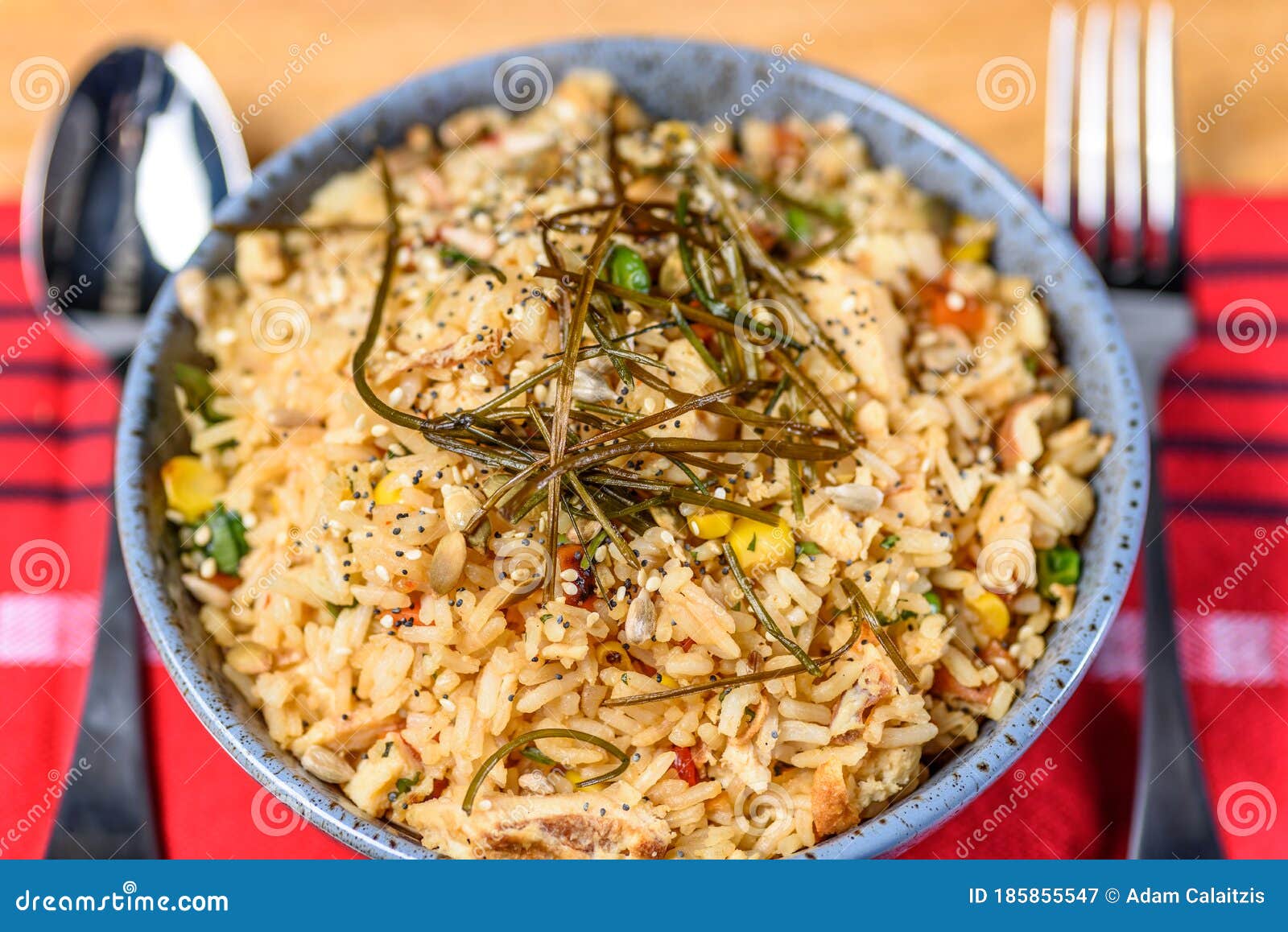 Fried Rice in a blue bowl stock image. Image of bowl - 185855547