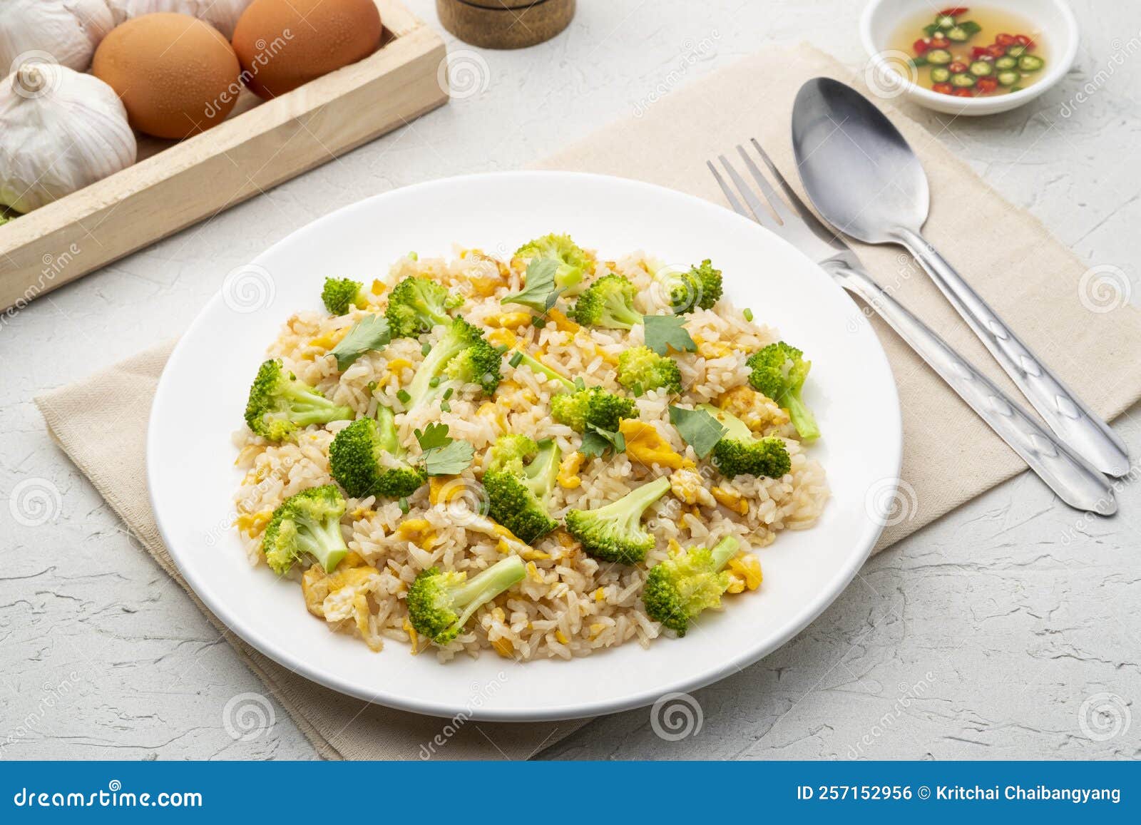 Fried Rice with Broccoli and Egg in White Plate Stock Photo - Image of ...