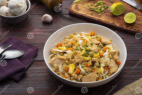 Fried Rice with Chicken and Vegetables Stock Image - Image of onion ...