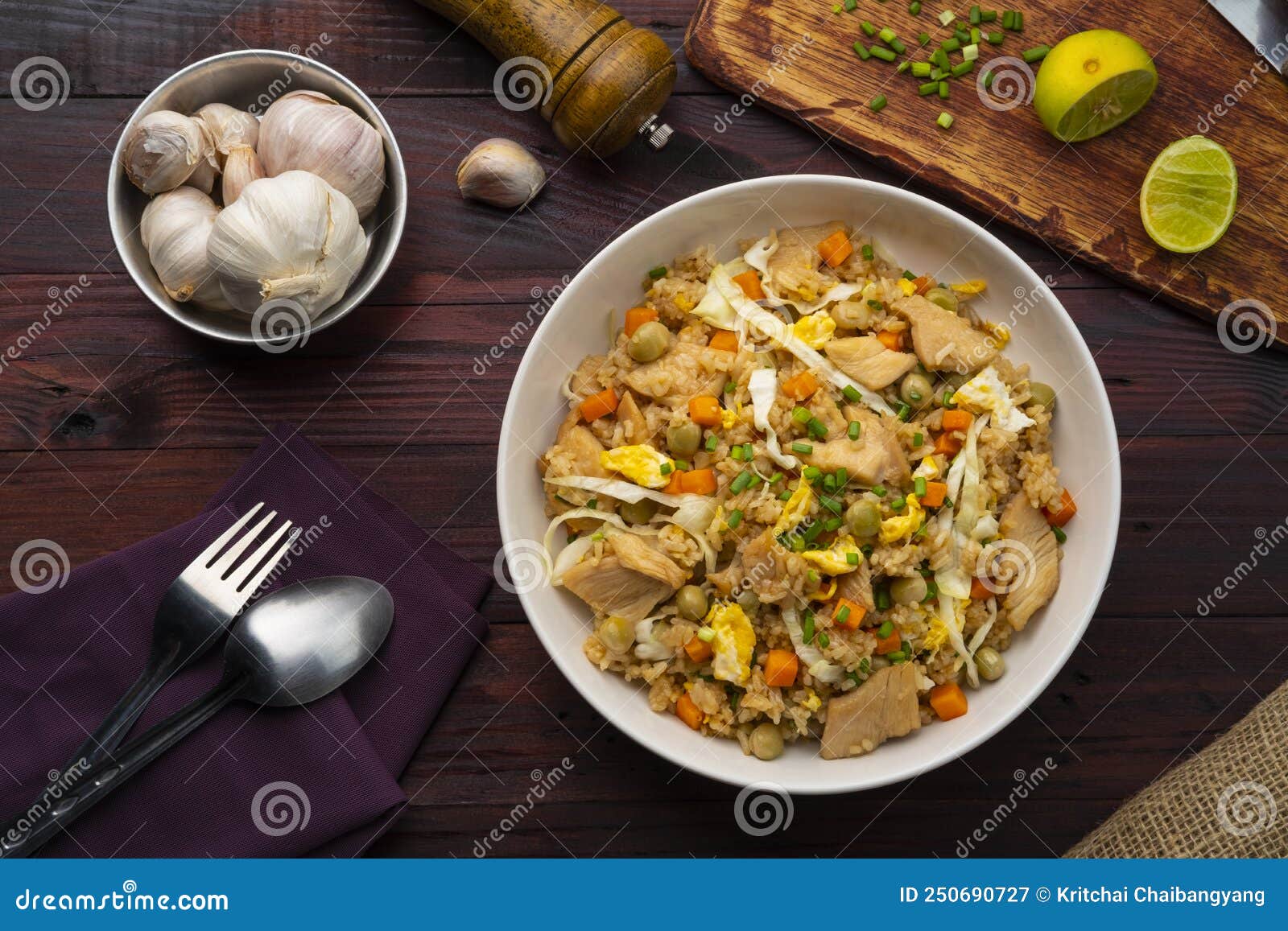 Fried Rice with Chicken and Vegetables in White Plate.Top View Stock ...