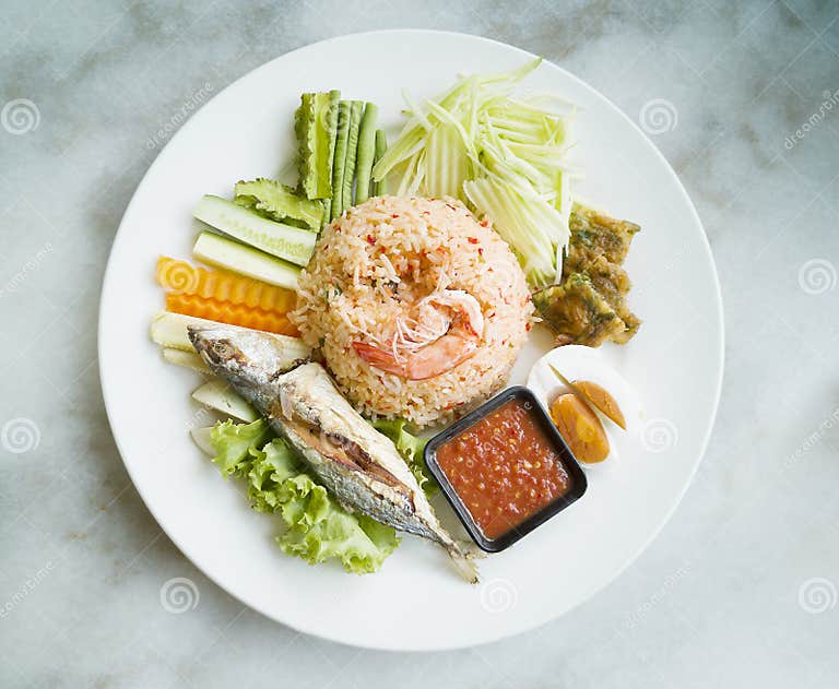Fried Rice with Chilli Paste and Fish on Table Flat Ray Stock Photo ...