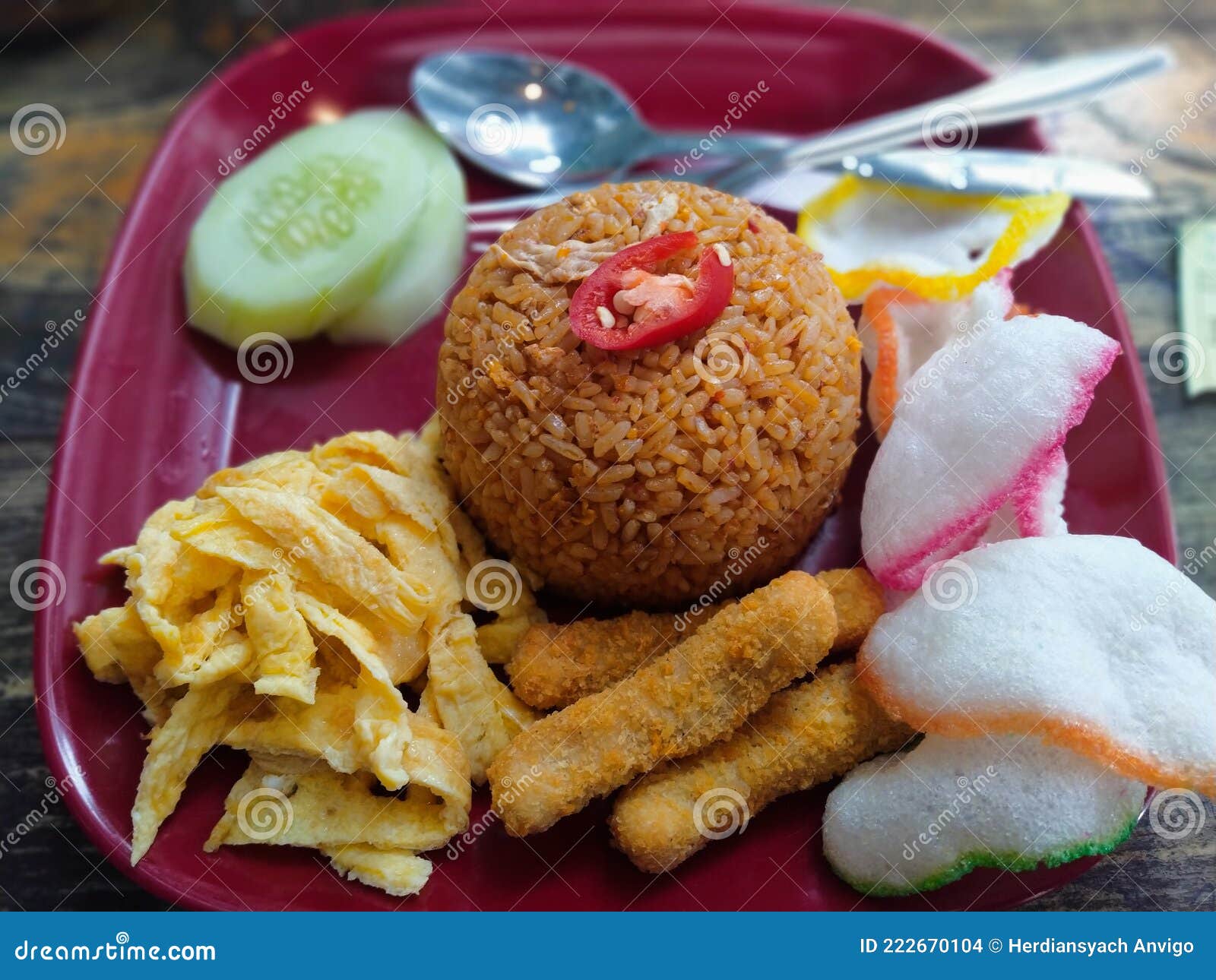 Fried Rice Comes with Fried Egg, Crackers and Nuggets Stock Photo ...