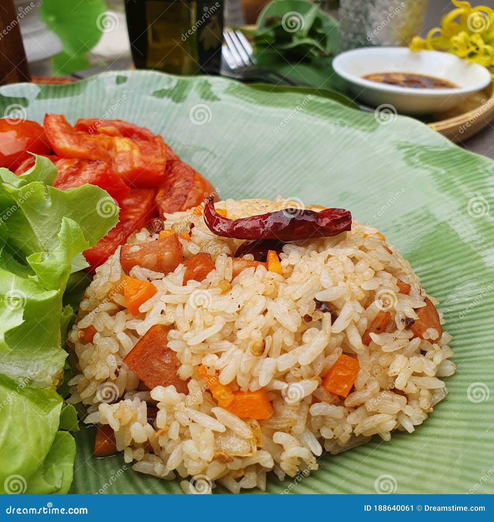 Fried-rice dish with salad stock image. Image of food - 188640061