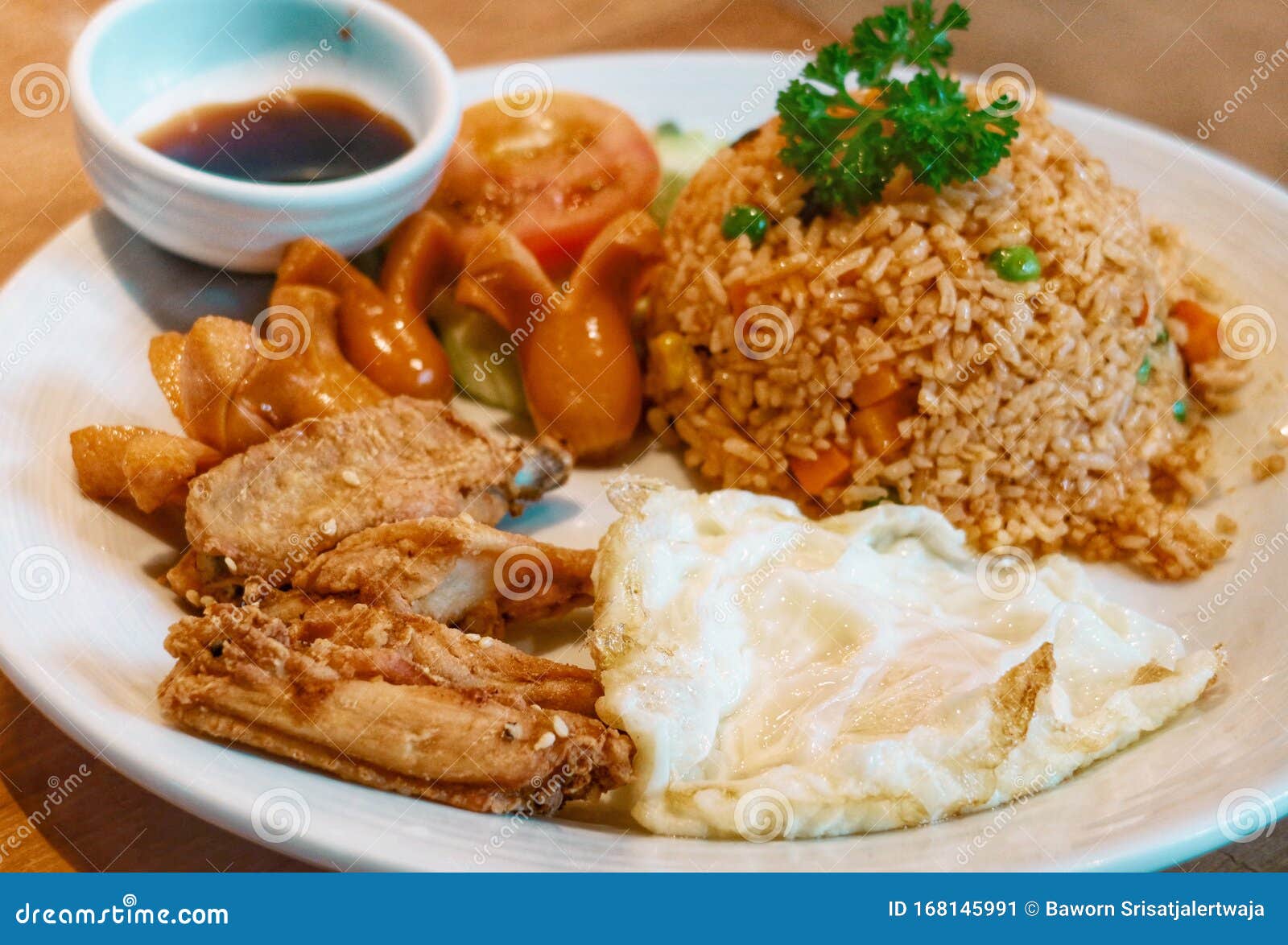 Fried Rice with Egg, Sausage, Chicken Wing Stock Image - Image of meat ...