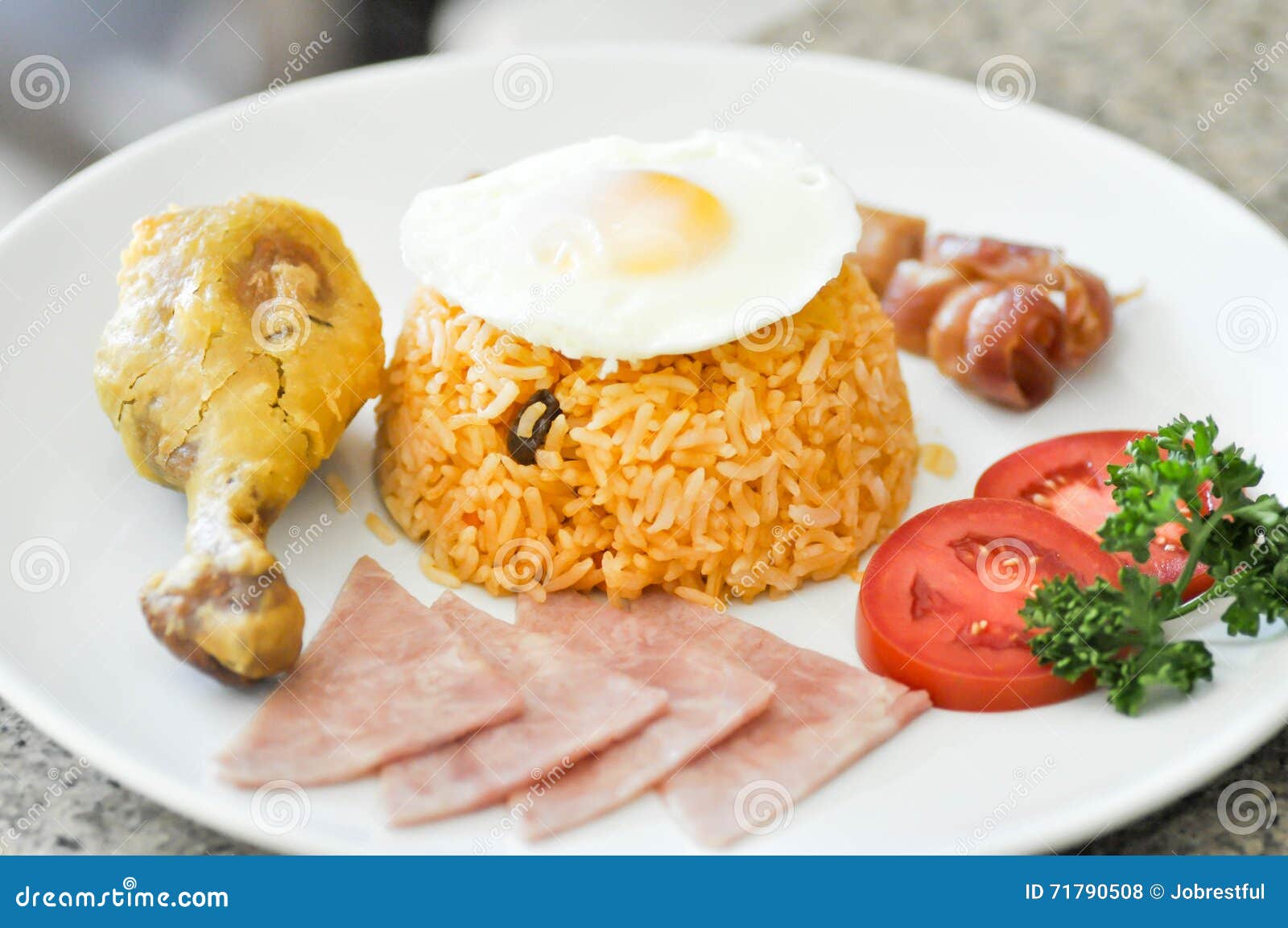 Fried Rice with Fried Chicken,fried Egg and Ham Stock Photo - Image of ...