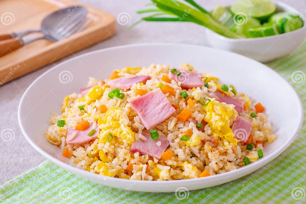 Fried Rice with Ham Pork on White Plate Stock Image - Image of cooking ...