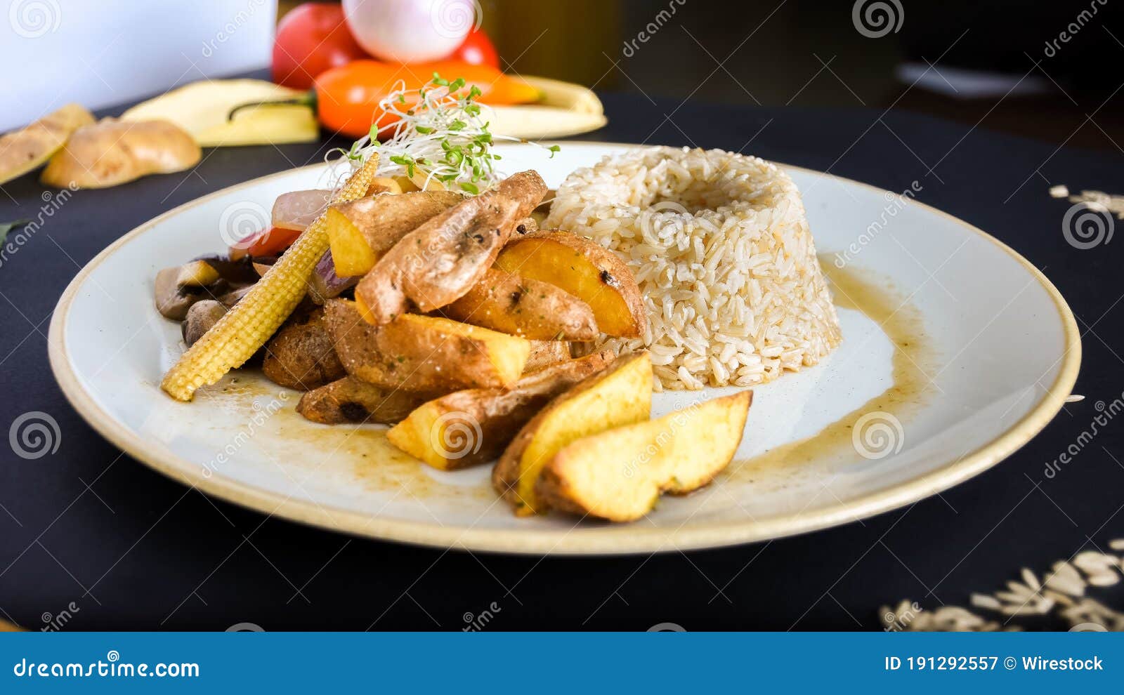 Fried Rice Served with Potatoes and Vegetable Salad Stock Image - Image ...