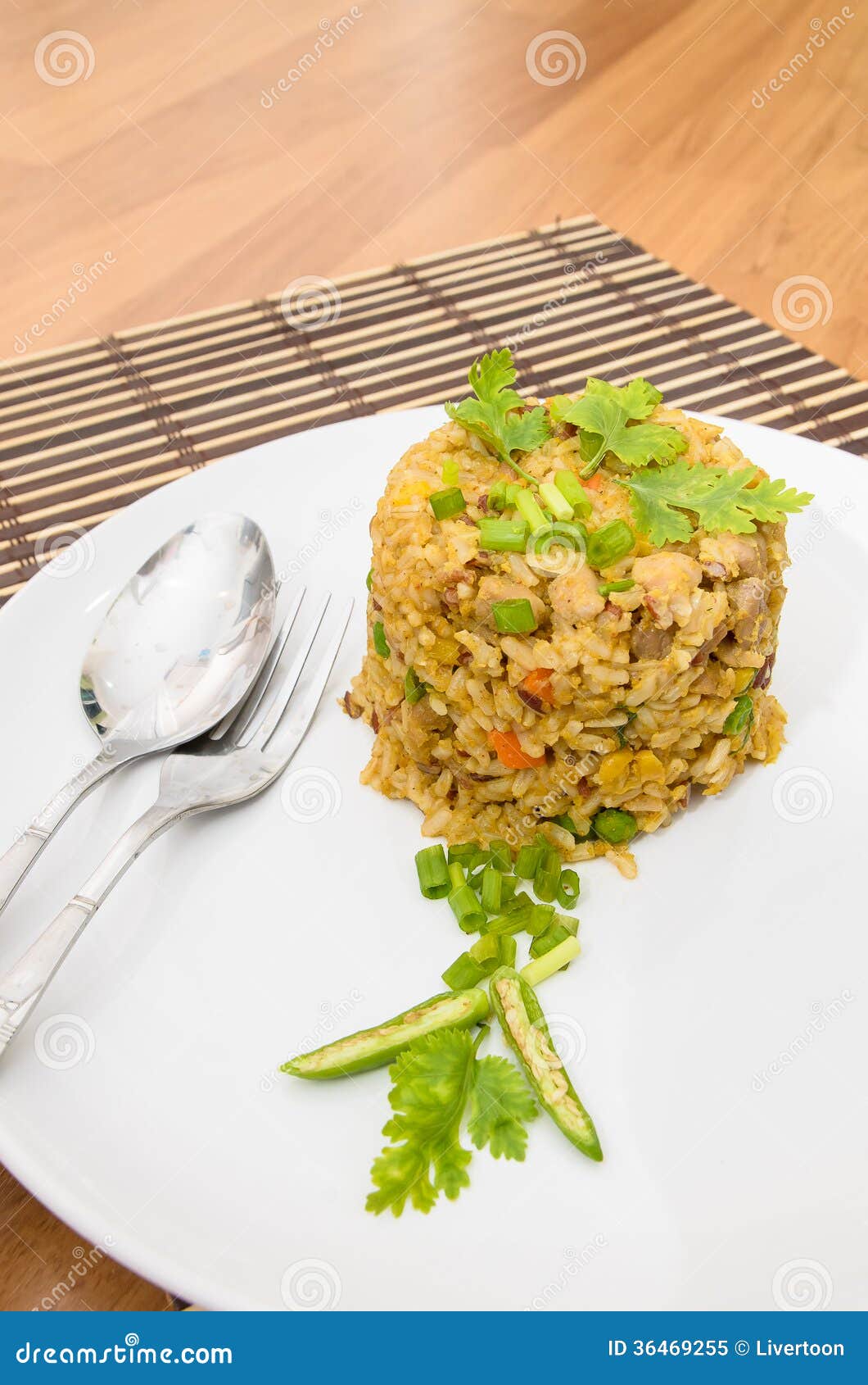 Fried Rice Yellow Curry with Pork on Bamboo Mat Stock Image - Image of ...