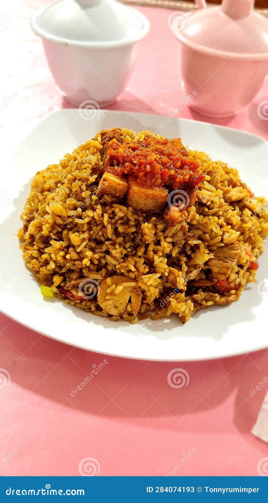 Fried rise with kispi pork stock image. Image of food - 284074193