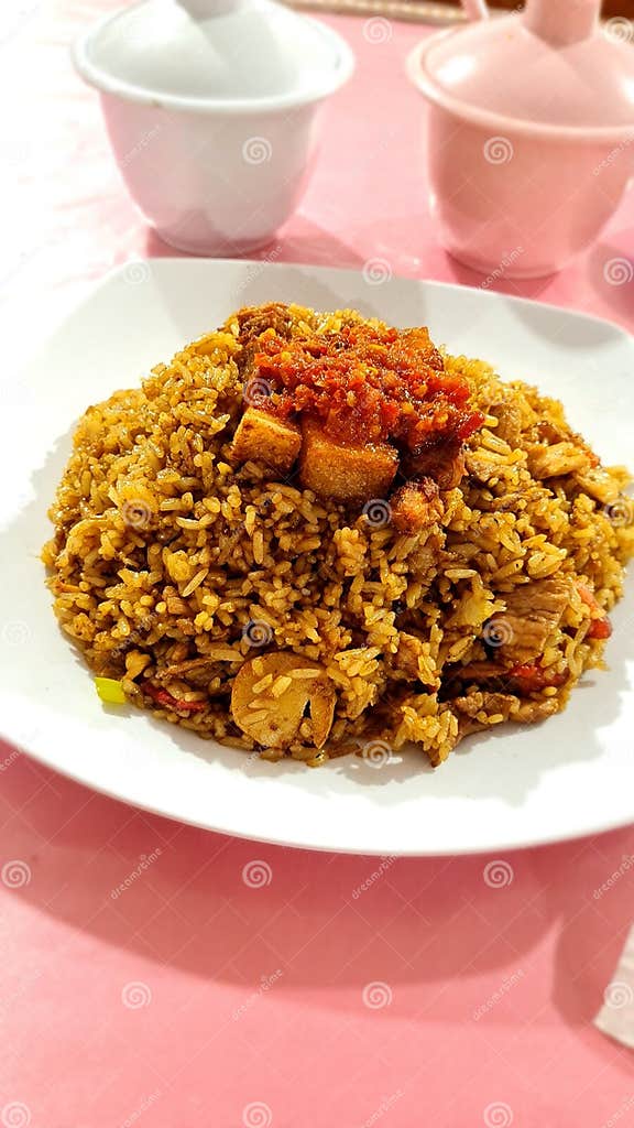 Fried rise with kispi pork stock image. Image of food - 284074193