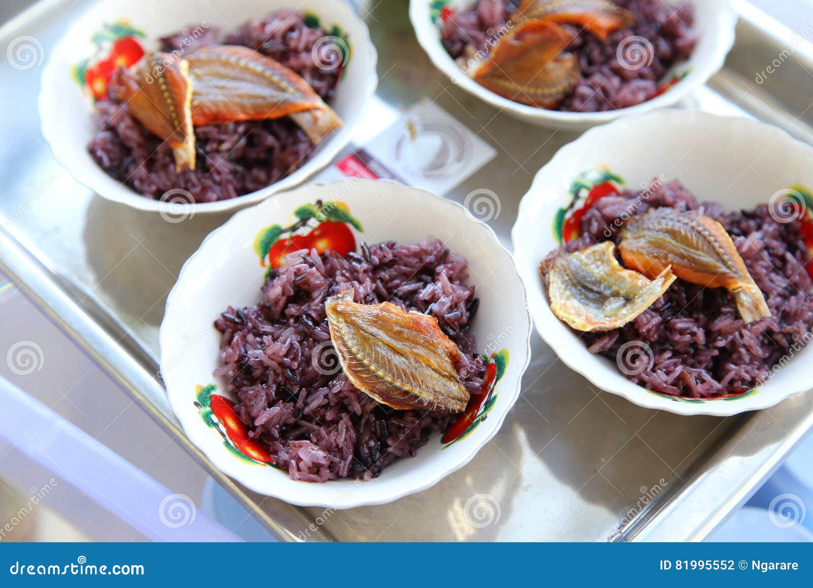 Fried Salt Fish with Black Sticky Rice Stock Photo - Image of rice ...