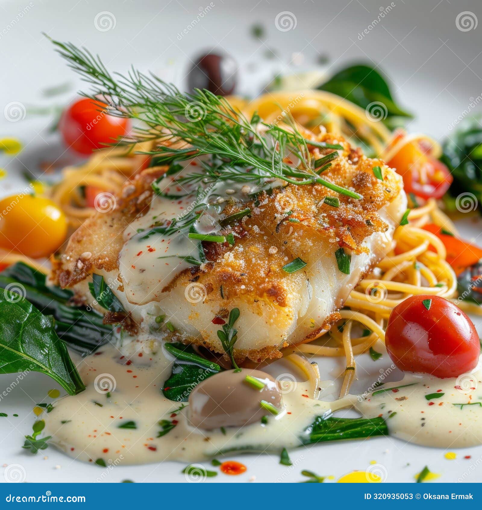 Fried Sea Cod Fillet with Spaghetti on White Restaurant Plate, Breaded ...