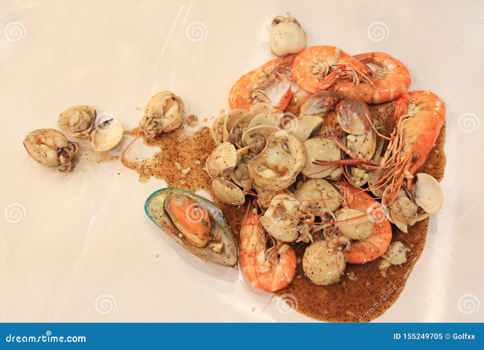 Fried Shrimp, Squid and Shell with Black Pepper. Thai Style Seafood ...