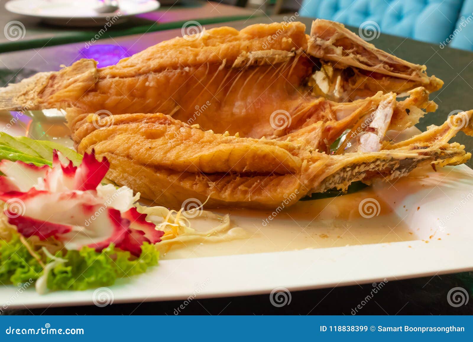 Fried Snapper Fish with Seafood Sauce and Vegetables. Stock Image ...