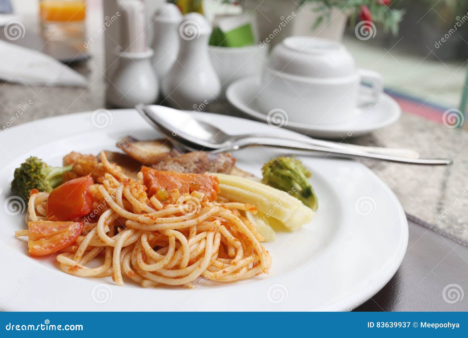 Fried Spaghetti and Grilled Fish on White Dish. Stock Image - Image of ...