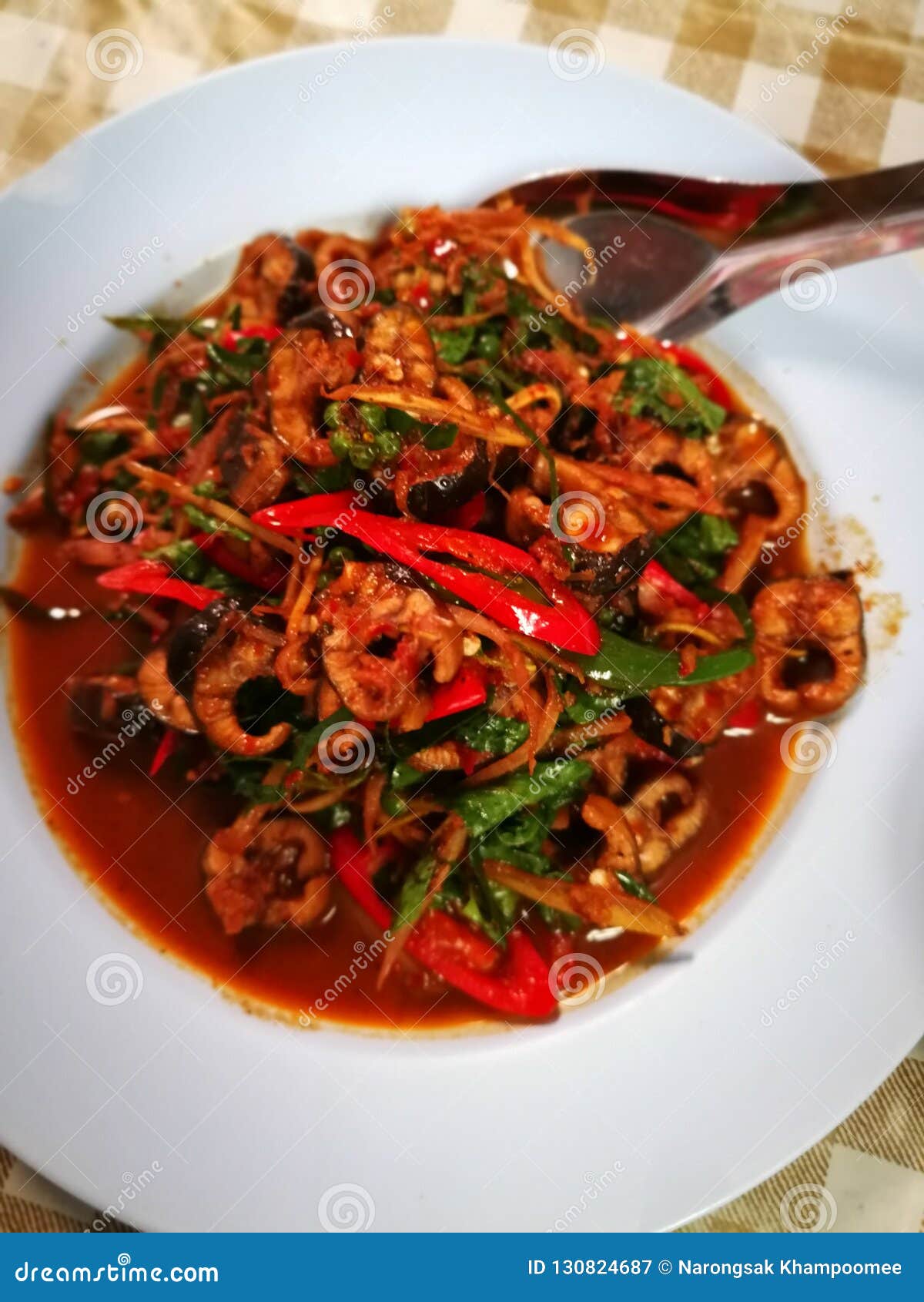 Fried Spicy Eel. Hot and Spicy Stir - Fried Ell in Plate on the Stock ...