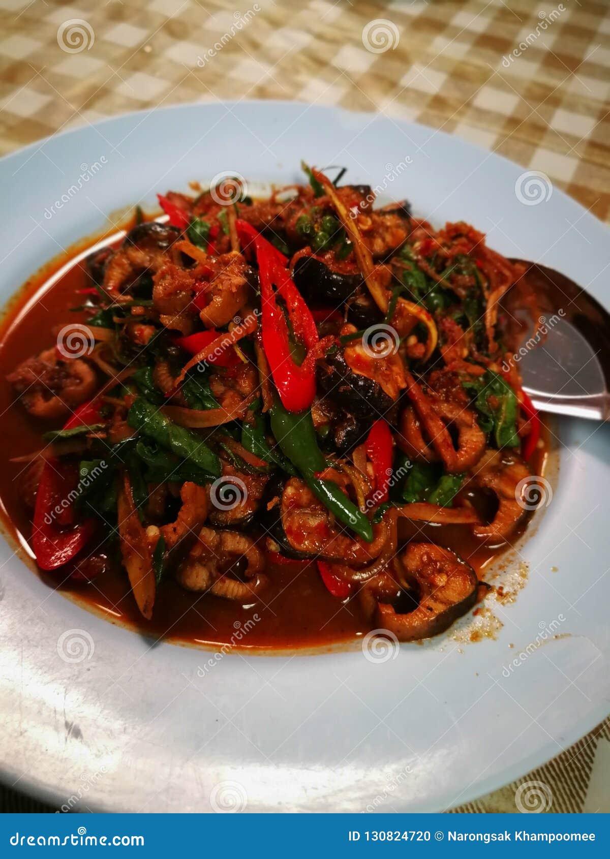Fried Spicy Eel. Hot and Spicy Stir - Fried Ell in Plate on the Stock ...